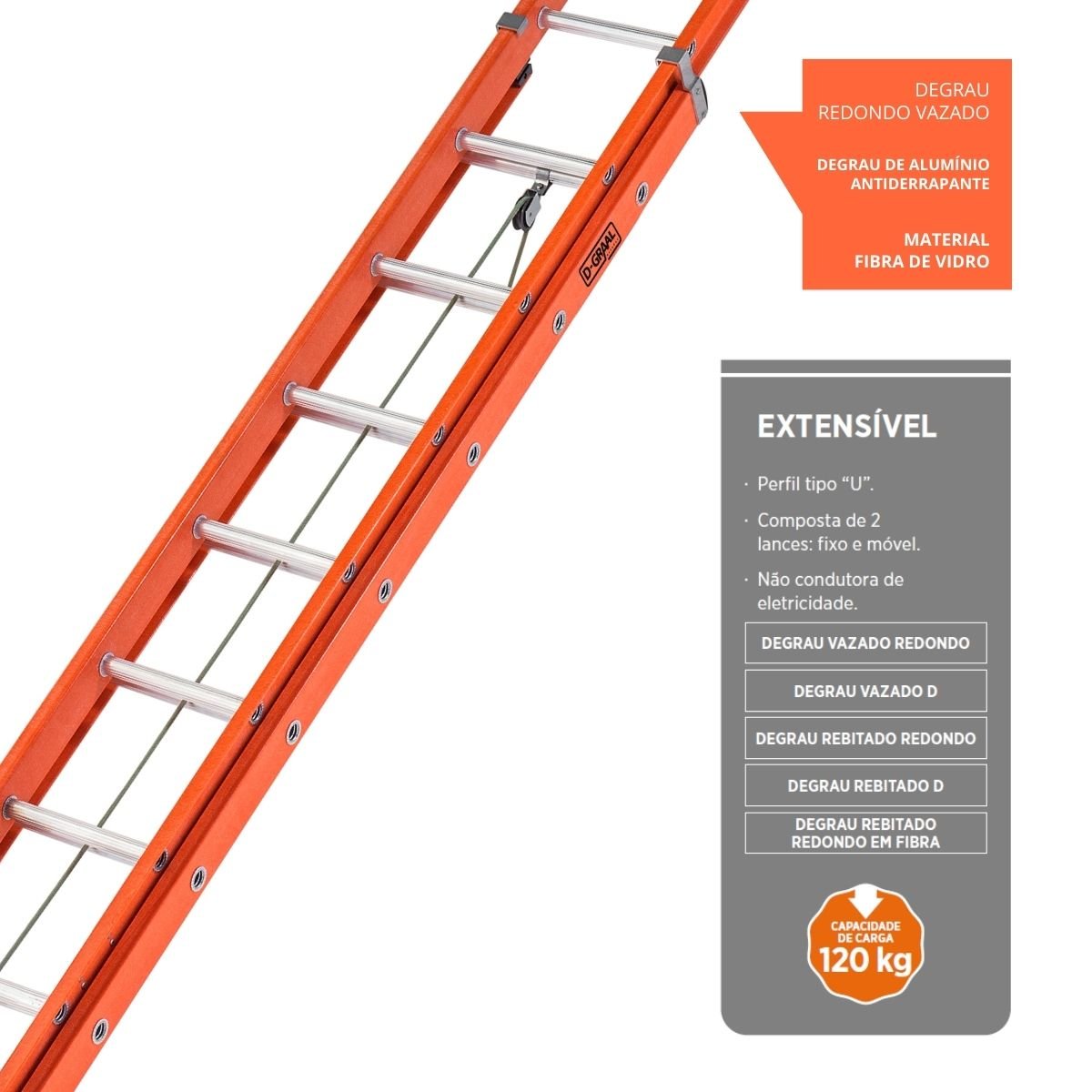 Escada Fibra de Vidro Extensiva Degrau Vazado Redondo - EAFV